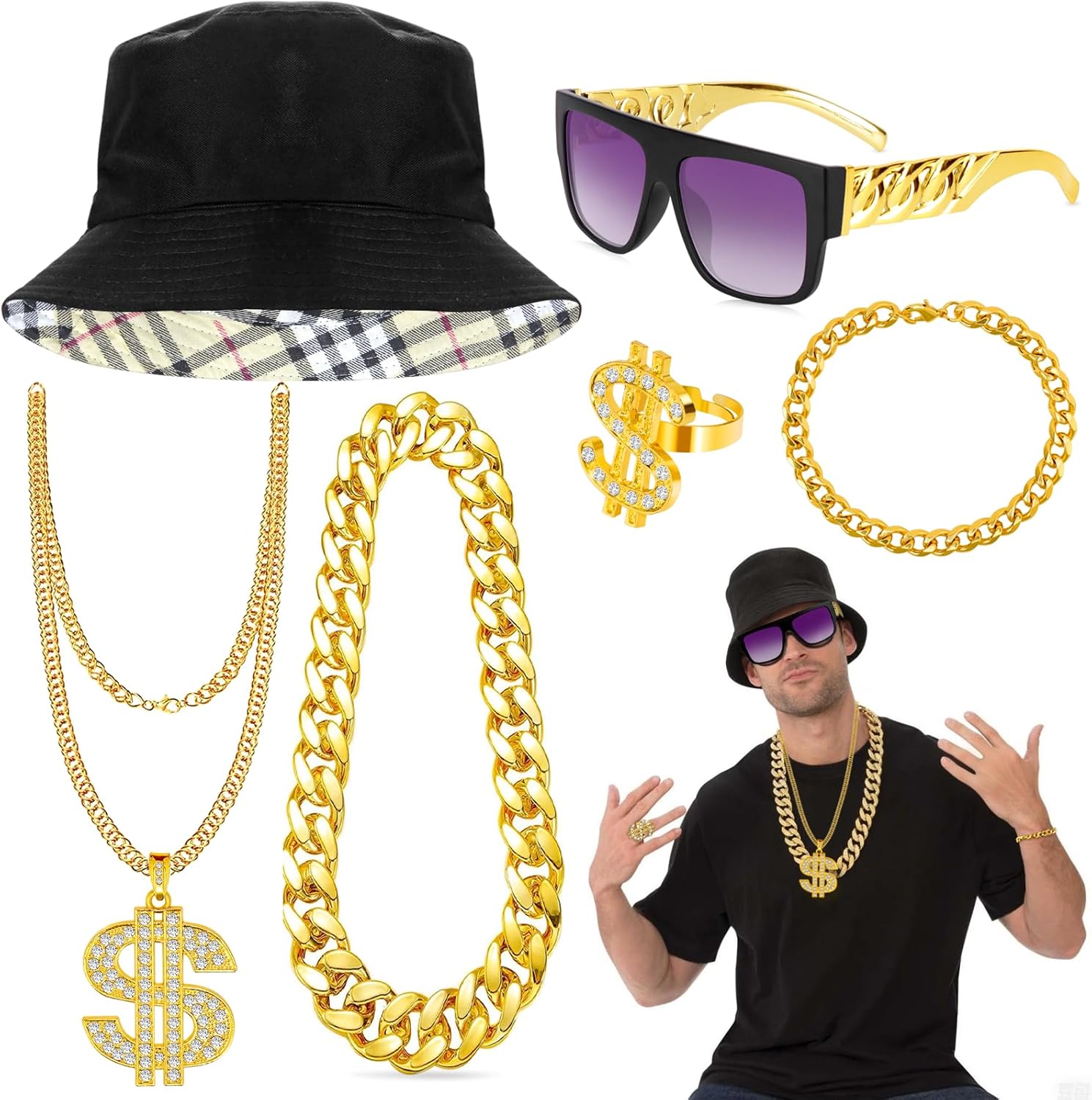 Hysagtek 6Pcs Hip Hop Fancy Dress 80s 90s Hip Hop Costume Kit Rapper ...