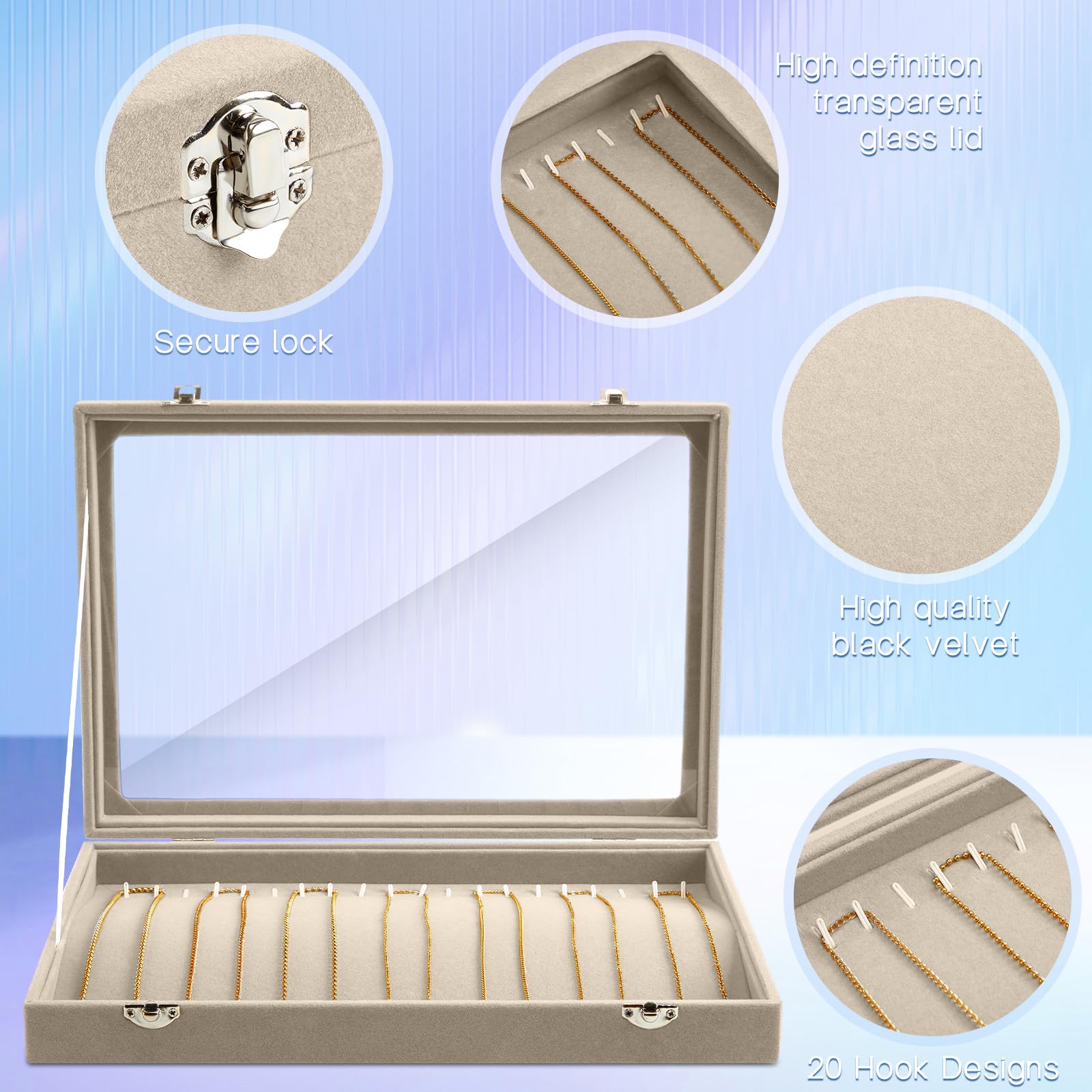 2 Pieces Glass Lid Necklace Organizer Box 20 Hooks Velvet Jewelry Tray ...