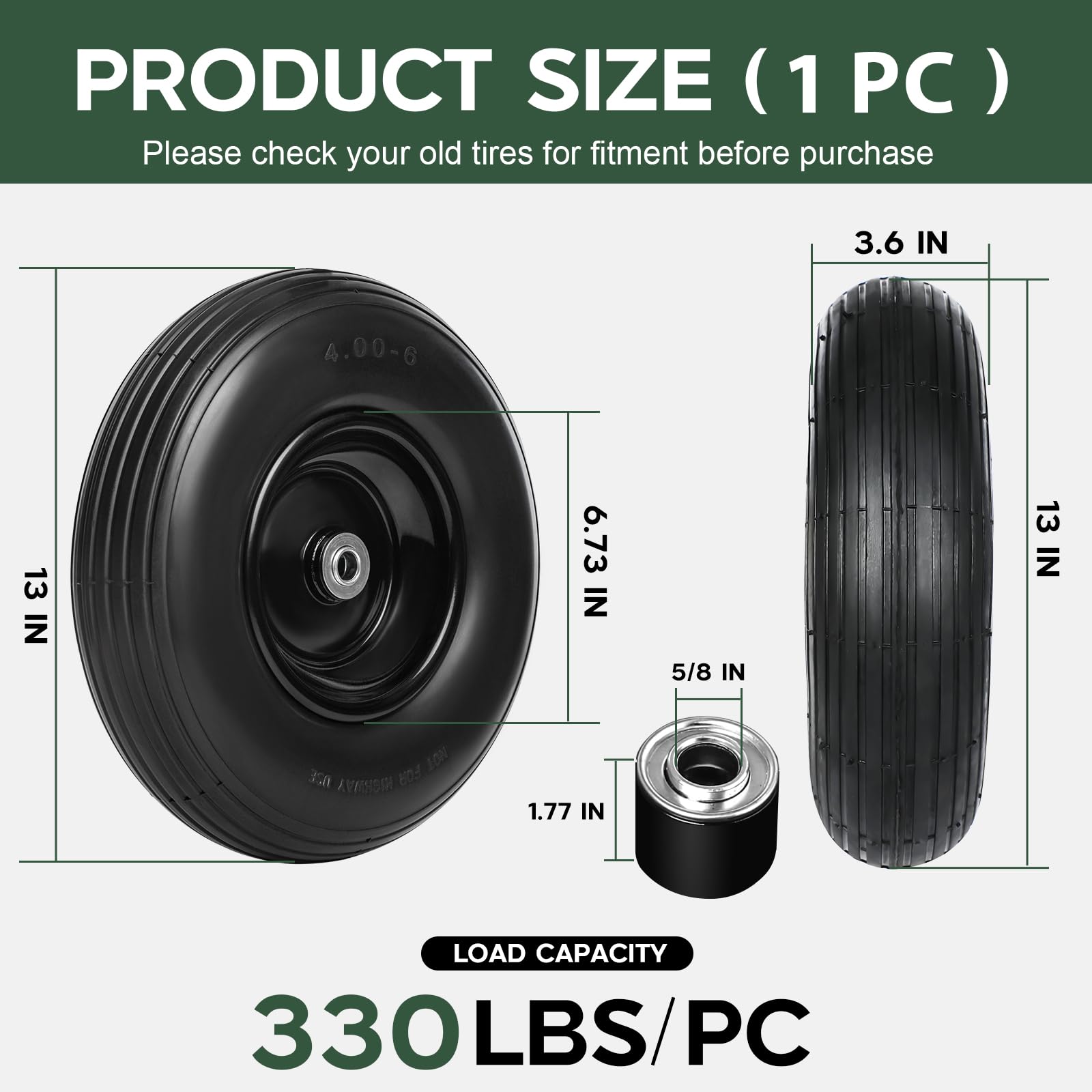 Taifa 13 Inch 1 Pack Rubber Solid Flat Free Replacement Tires and ...