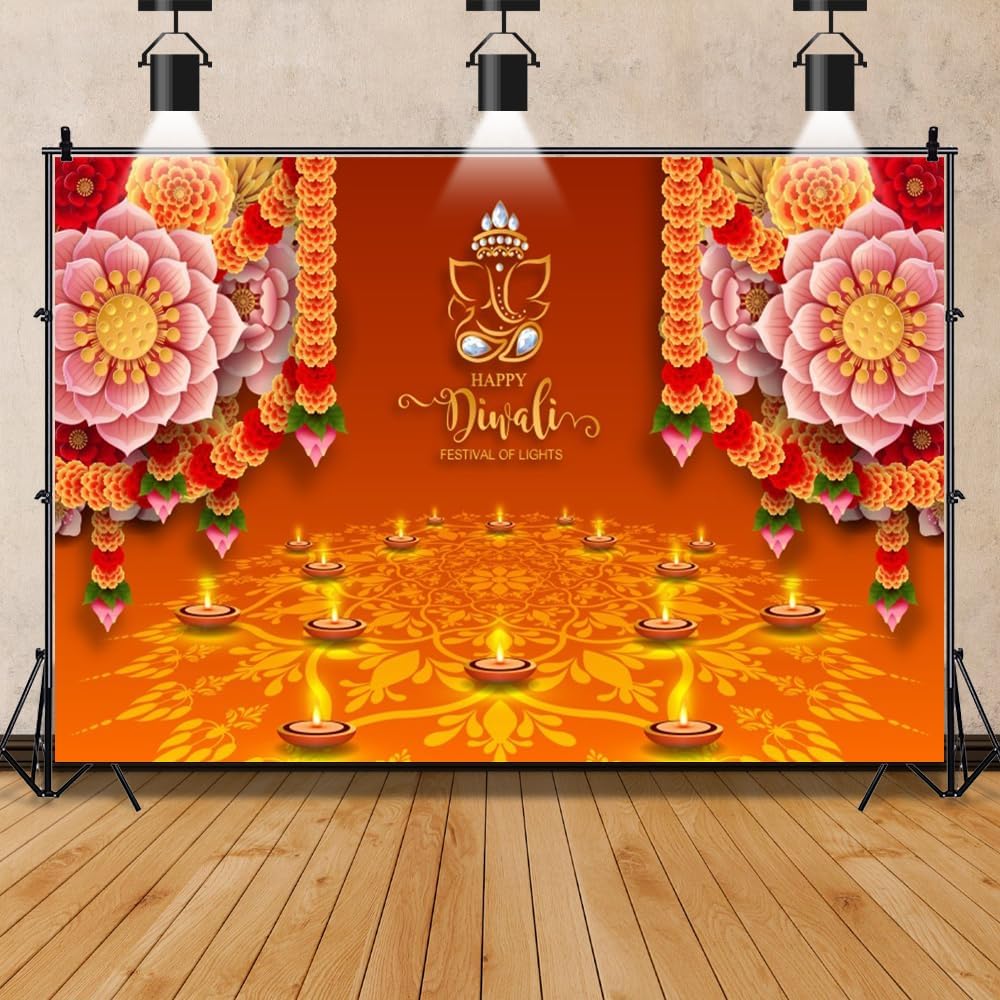 Amazon.com : Leowefowa 7x5ft Vinyl Happy Diwali Backdrop Marigold ...