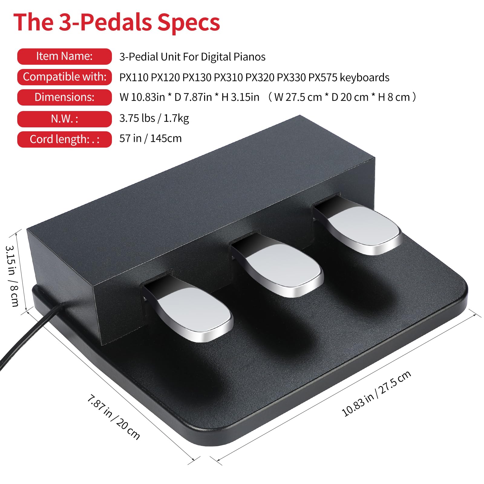 Piano Pedals 3-Pedal Unit For S - Portable Pedal Board With Sustain ...