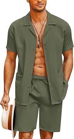 COOFANDY Men 2 Piece Linen outfit Beach Vacation Button Down Shirt and Short classic Summer Yoga ...