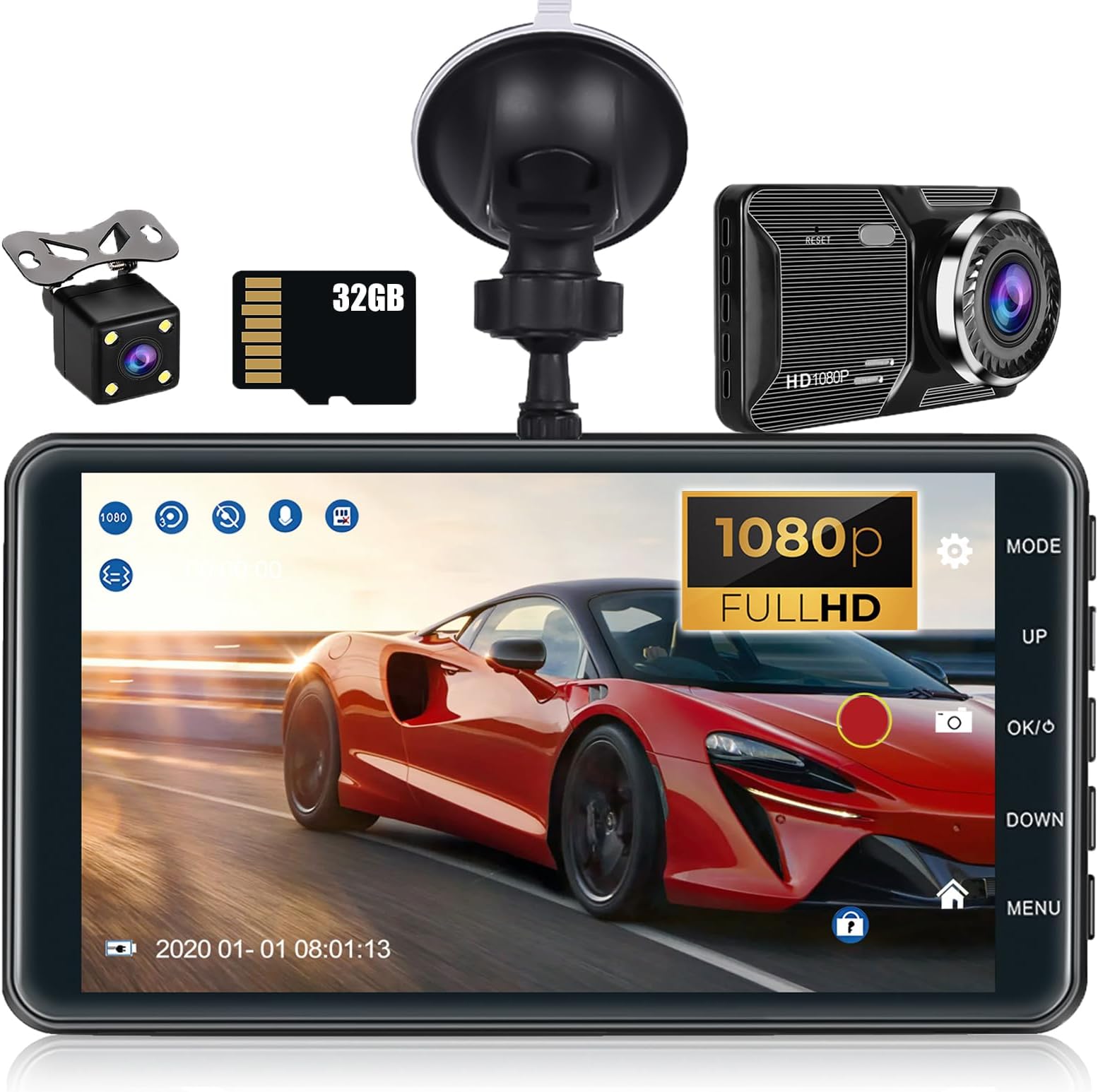 CAMECHO Dash Cam Front and Rear with 32GB TF Card FHD 1080P 4 Inch ...