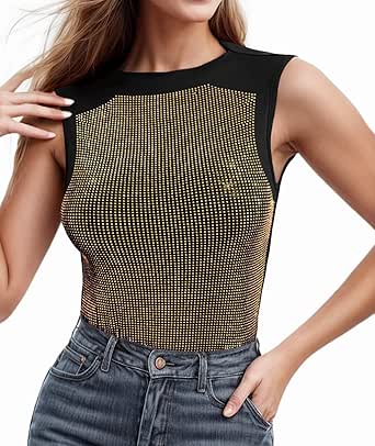 SHIJIALI Women Sexy Shiny Rhinestone Tank Top Sleeveless Crystal Shirt ...