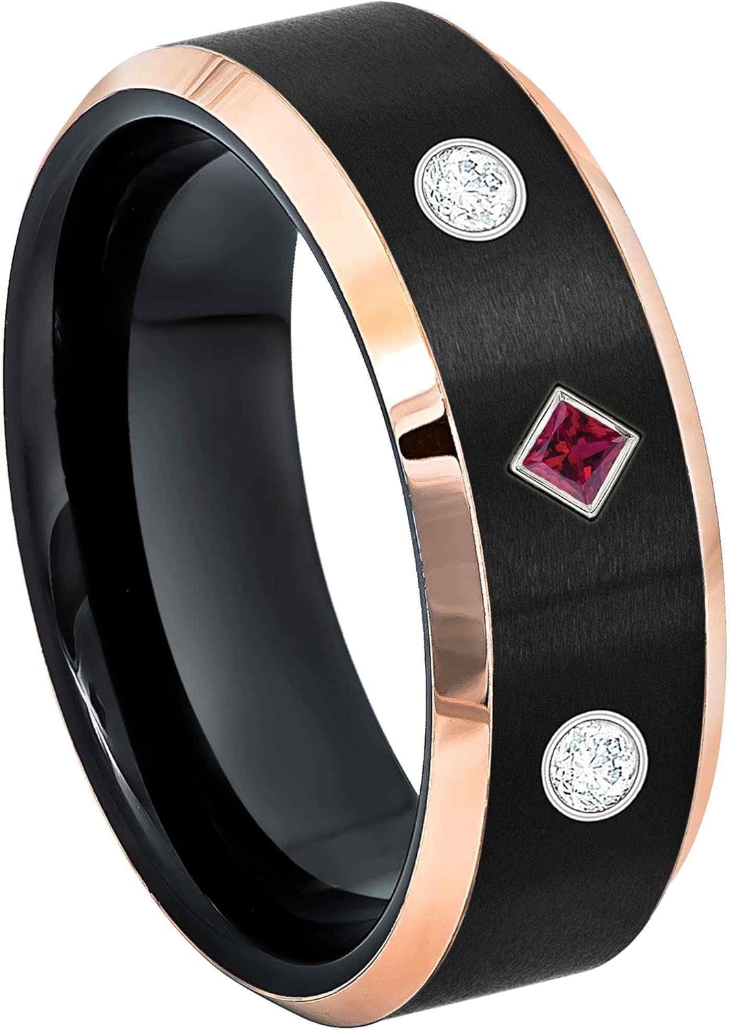 0.19ct 3-stone Diamonds & Princess Cut Ruby Cobalt 8mm Wedding Band ...