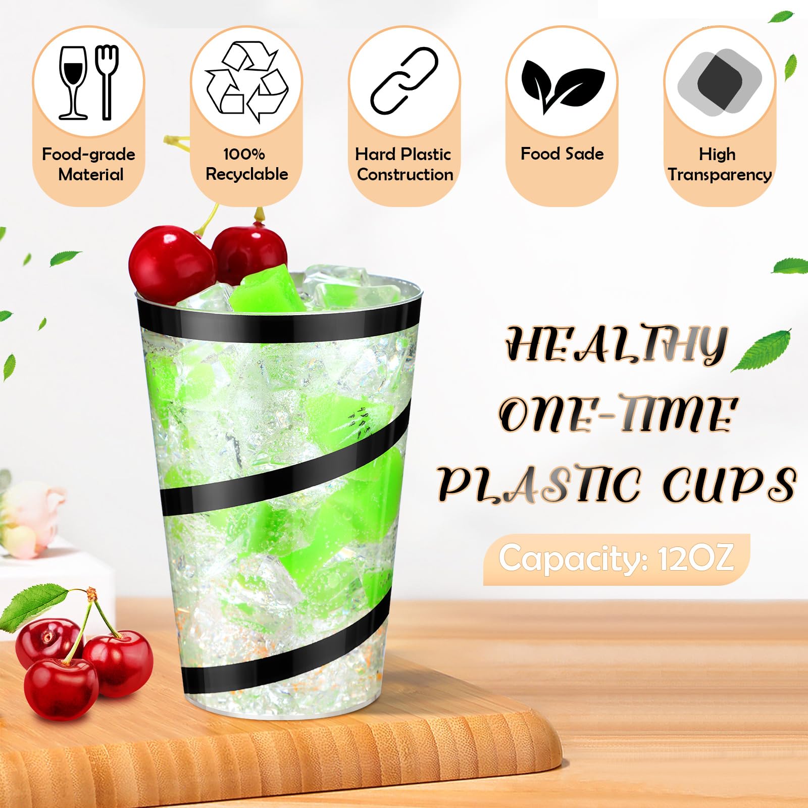 Snapklik.com : Bokon 100 Pcs 12 Oz Rimmed Swirl Clear Plastic Cups