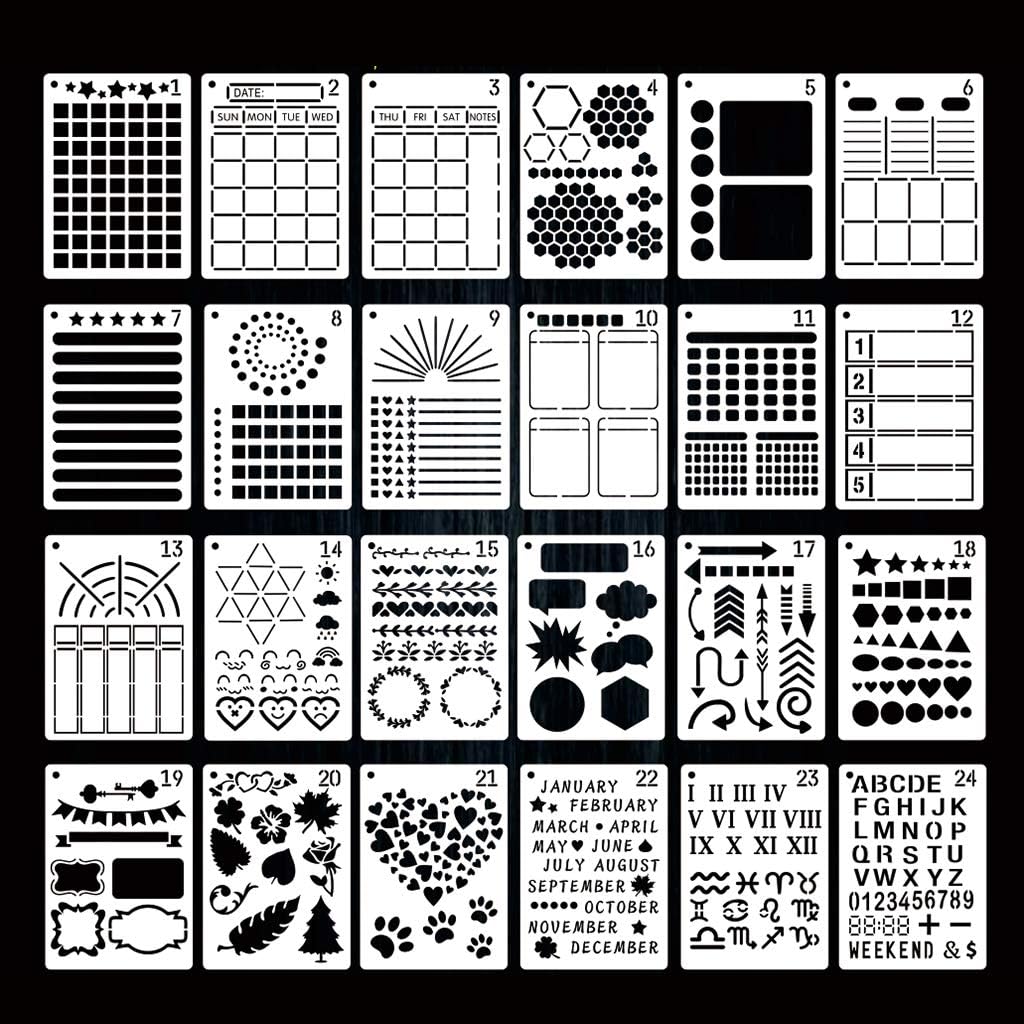 JHD 24 Pack Journal Planner Stencils, Reusable Bullet Stencils Set for ...