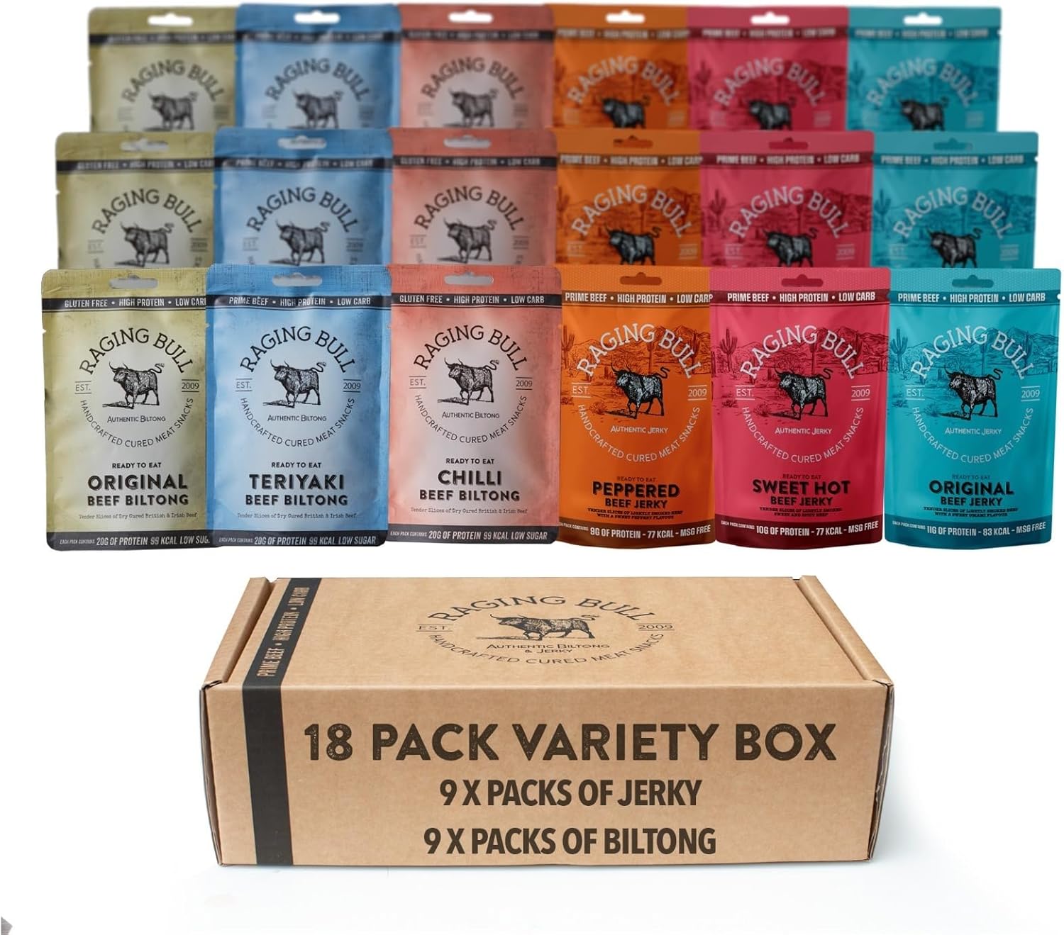 Raging Bull Beef Snack 18 Pack Combo - 3 Packs Beef Biltong & Beef ...