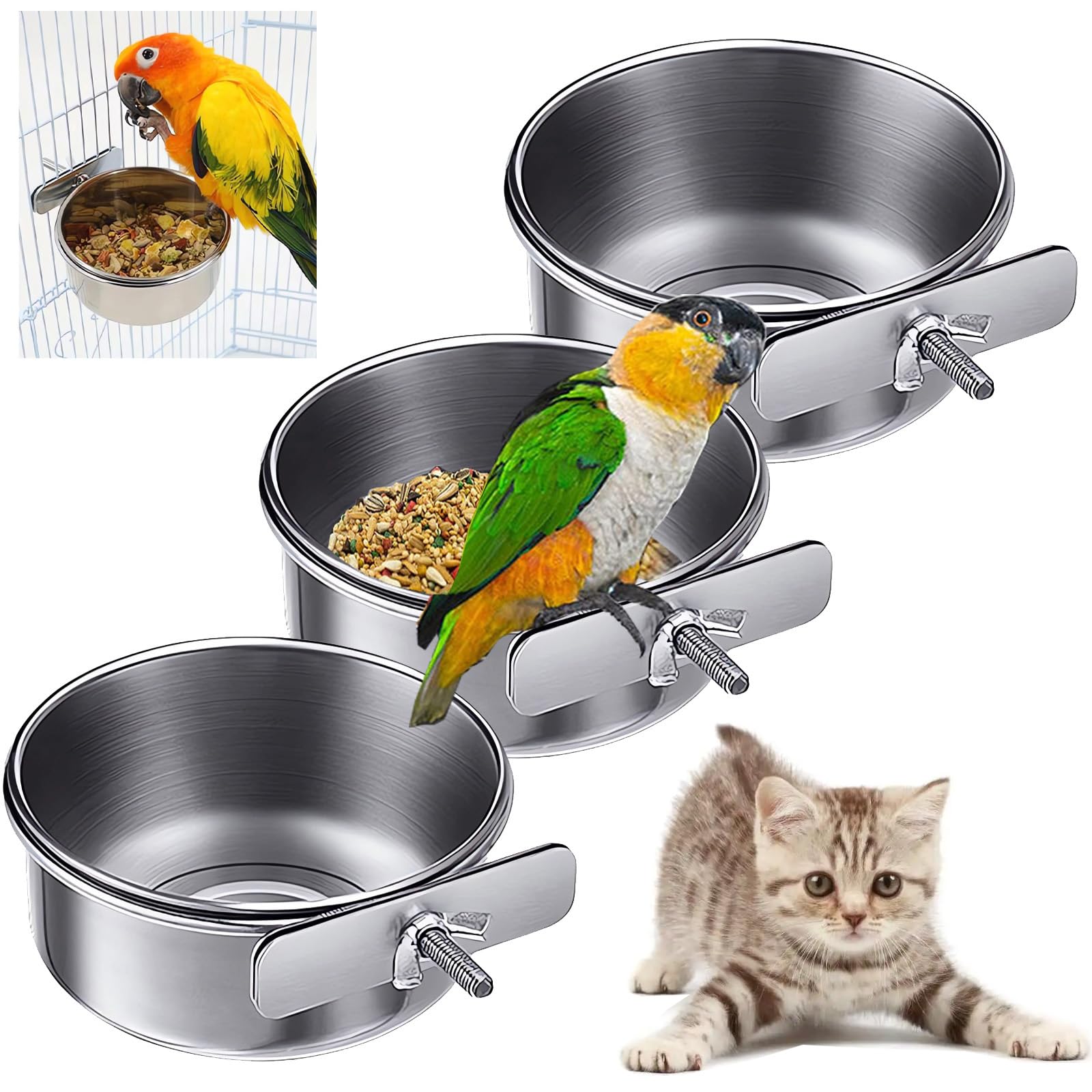 Naturezhen Stainless Steel Bird Feeding Dish Cups, 3Pcs Bird Feeding ...