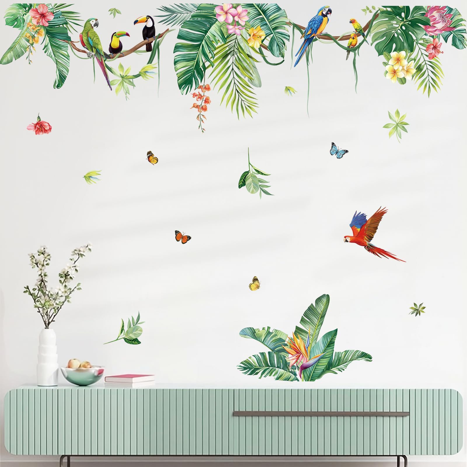 Amazon.com: Tropical Leaves Wall Decals Removable Toucan Wall Stickers ...