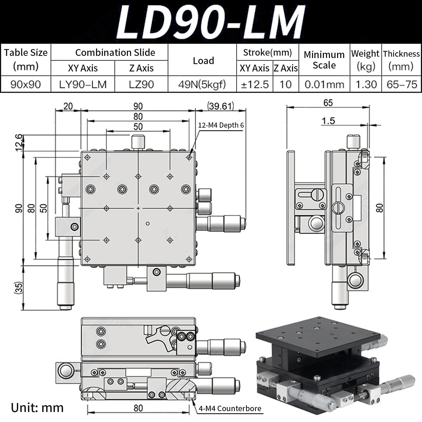 Snapklik.com : XYZ 3 Axis Manual Linear Stage, 90x90mm Trimming Bearing ...