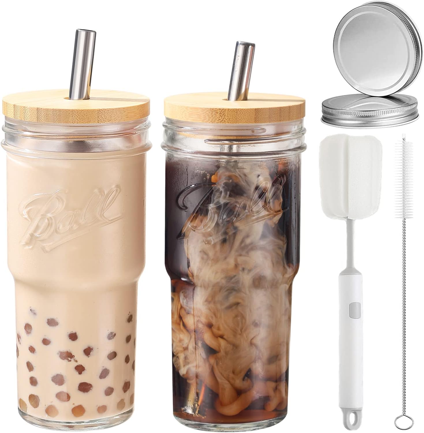 CJWLKJ Boba Cup Reusable Bubble Tea Cup, Glass Cups Set, 2 PCS 24 Oz ...