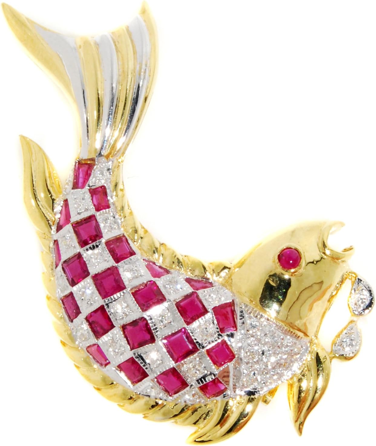 Amazon.com: Genuine Ruby Fish Brooch/Pin Gemstone 18K Yellow Gold ...