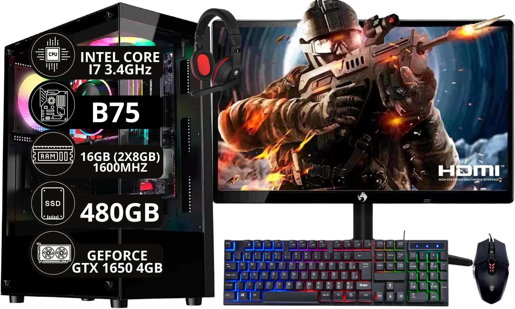 PC Gamer Completo Intel Core I7 3.4GHz 16GB DDR3 SSD 480GB Monitor 21,5 ...