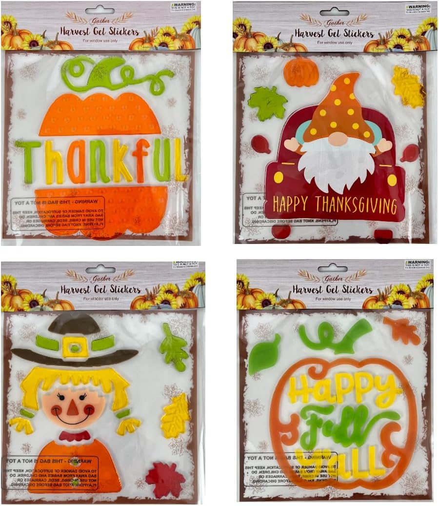 Amazon.com: Fall & Thanksgiving Window Gel Cling Decorations - 4 Sheet ...