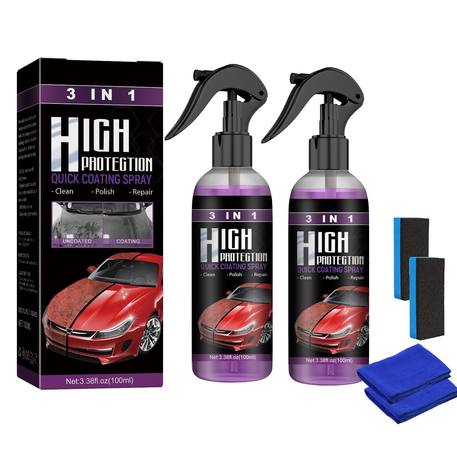 3 in 1 High Protection Quick Car Coating Spray, 2pcs 100ml Car Ceramic ...