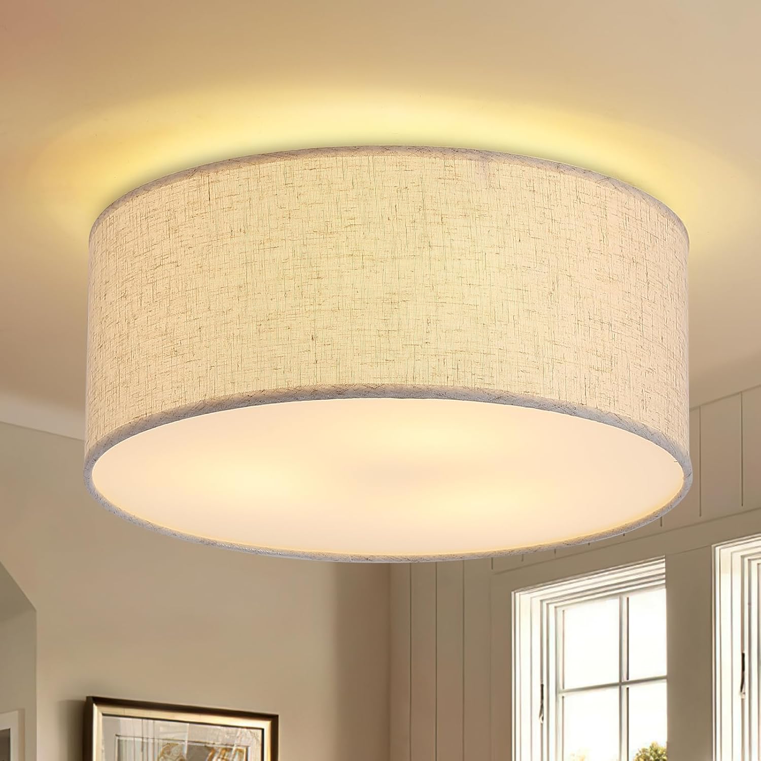 12.6" Modern Close to Ceiling Light with Linen Fabric Drum Shade,3 ...