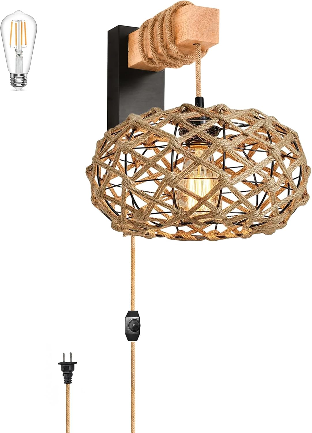 Plug in Wall Sconces Rattan Boho Decor Wall Sconce Light Woven Wicker ...