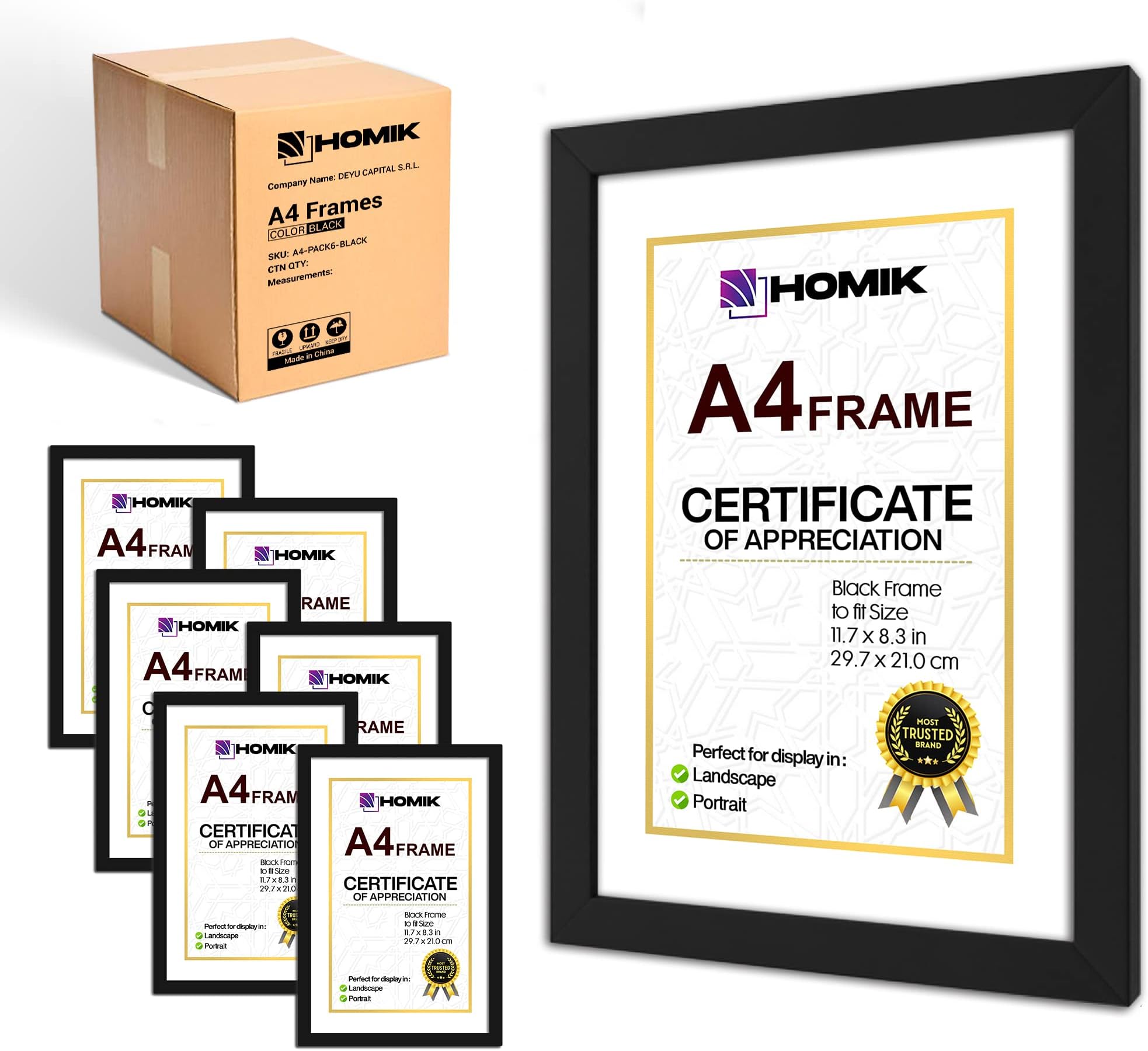 HOMIK A4 Photo Frame Black Pack of 6 - Picture Frame A4 Black Economy ...