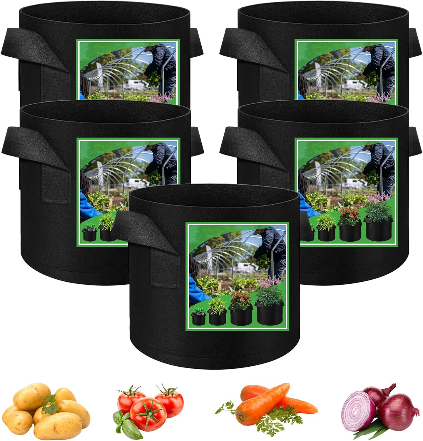 5 Pack Vegetable Grow Bags, Gardening Plant Growing Bags Breathable Non ...