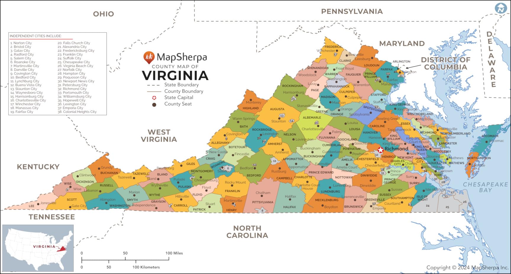 Amazon.com : Virginia Counties Map - Poster - 21 x 39 inches - Front ...
