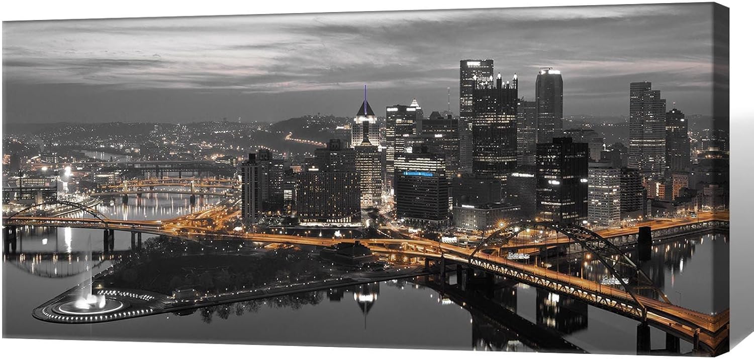 Amazon.com: Lit up bridge Pittsburgh nightscape poster Large Black and ...