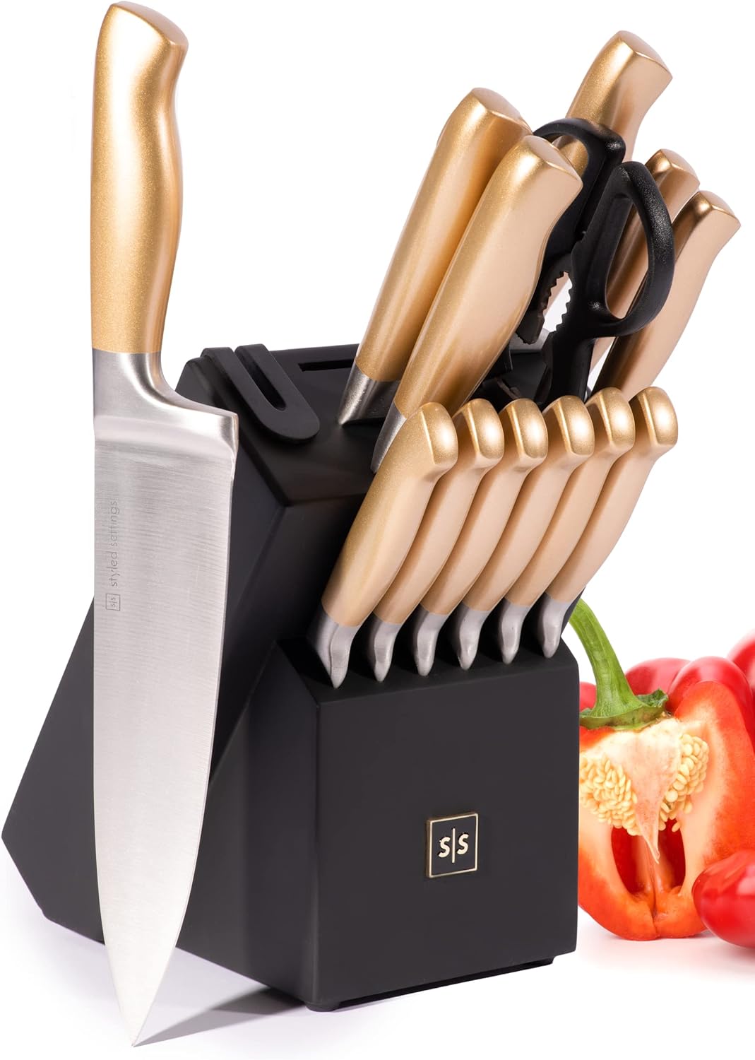 Amazon.com: Black and Gold Knife Set With Block - Gold Handle Knife Set ...
