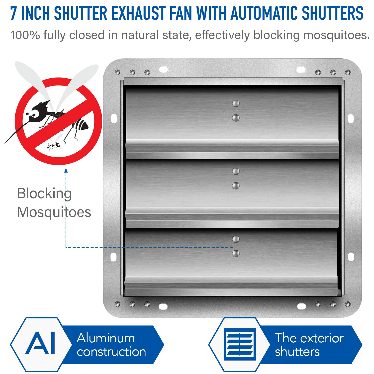 7 Inch Shutter Exhaust Fan Aluminum High Speed 1680RPM 760 CFM Silver