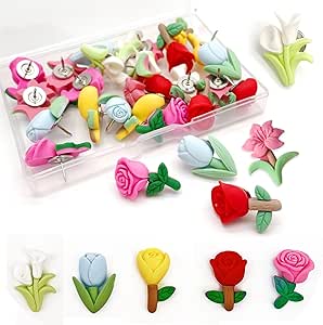Flower Push Pins, 30pcs Flower Drawing Pins Thumb Tacks Decorative Cute ...