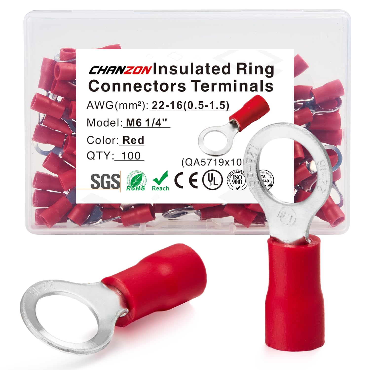 Snapklik.com : Chanzon 100pcs Red Ring Terminals - M6 1/4" Inch - UL ...