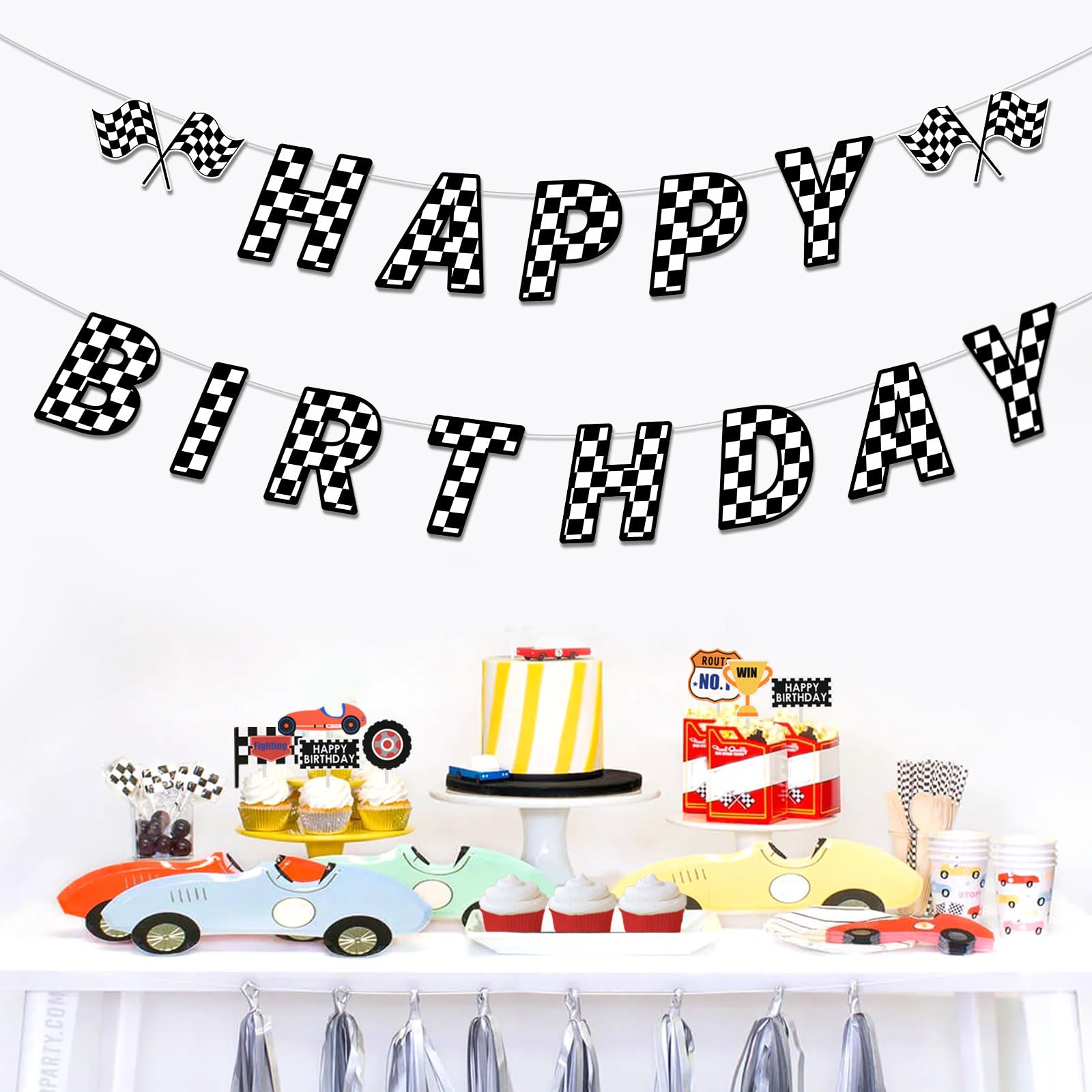 Snapklik.com : Race Car Birthday Banner, Checkered Happy Birthday ...