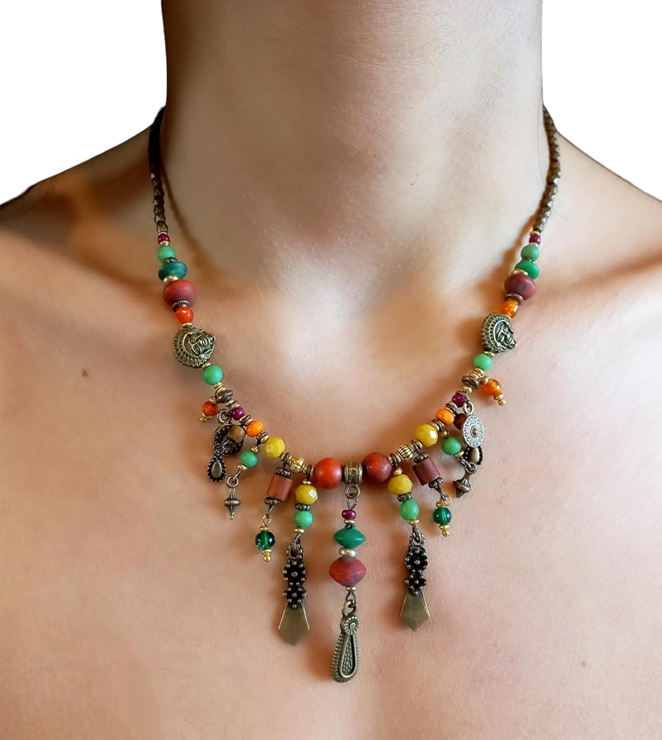 Amazon.com: Boho statement necklace for women Ethnic beaded necklace for ladies Tribal big ...