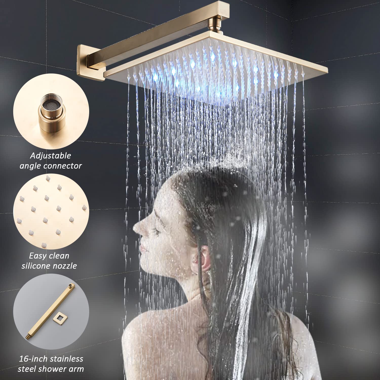 Brushed Gold Rain Shower System with 12 Inch LED Shower Head and Brass Handheld with Brass Valve ...