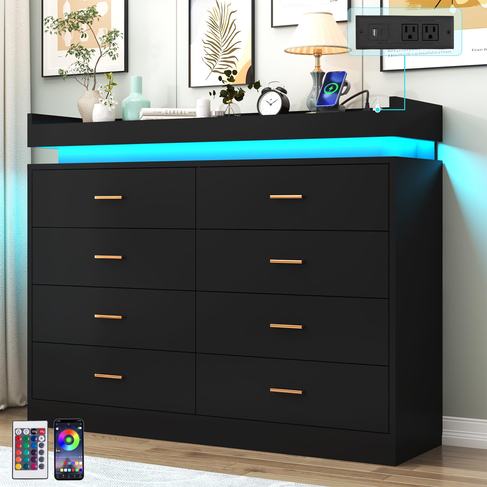 Amazon.com: Hlivelood 8 Drawer Dresser with LED Light and Charging ...