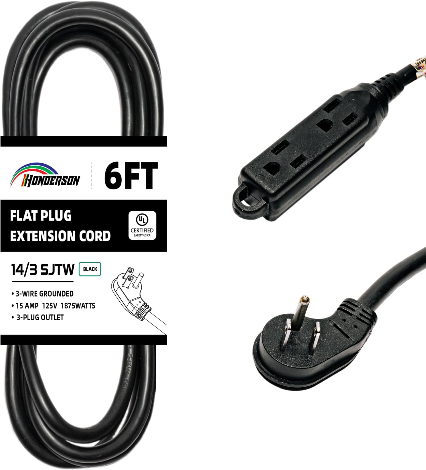Amazon.com: HONDERSON 3-Outlets Flat Plug Indoor Extension Cord Outlet ...