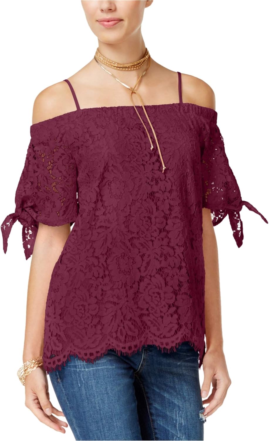 Miss Chievous Juniors' Off-The-Shoulder Lace Top (Pinot Noir, XS) at ...