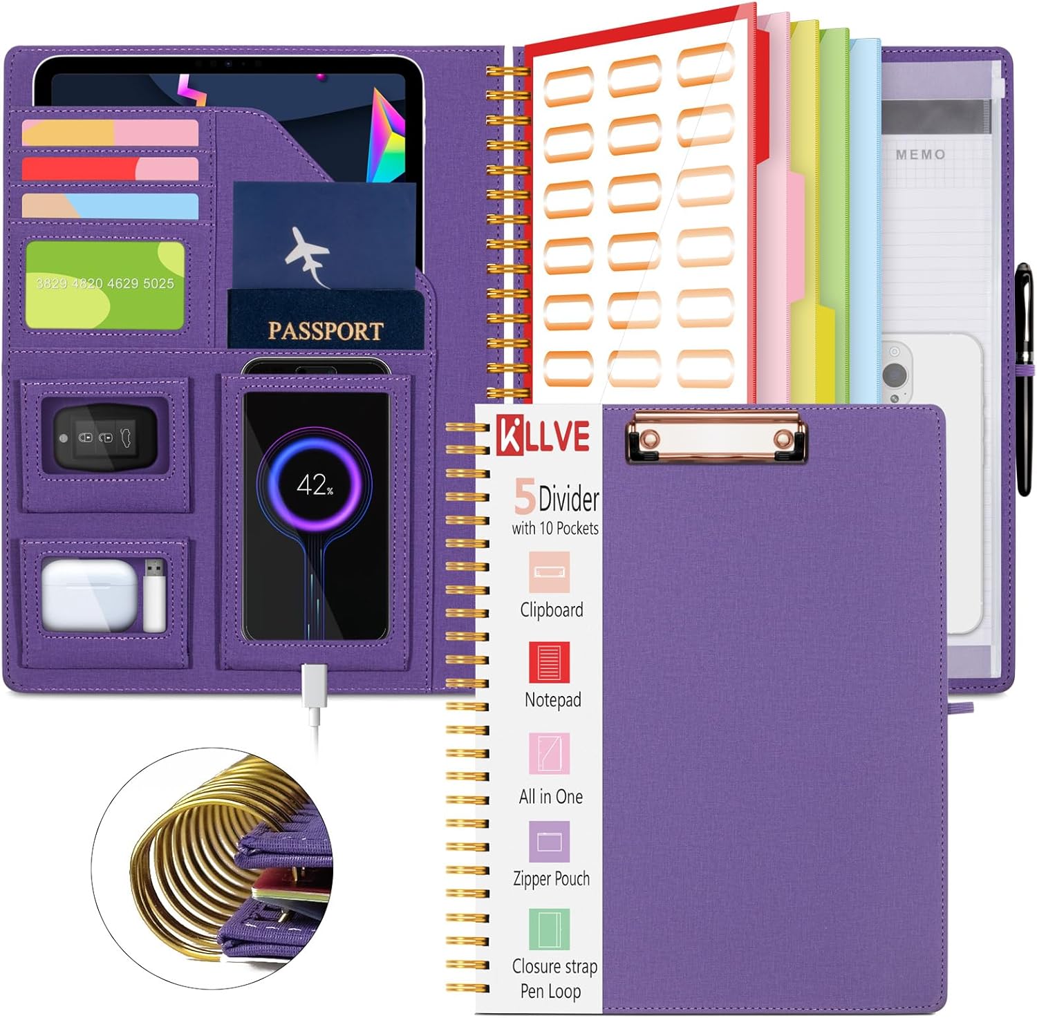 Amazon.com: KLLVE Purple Foldable Spiral Clipboard Folio with Storage ...
