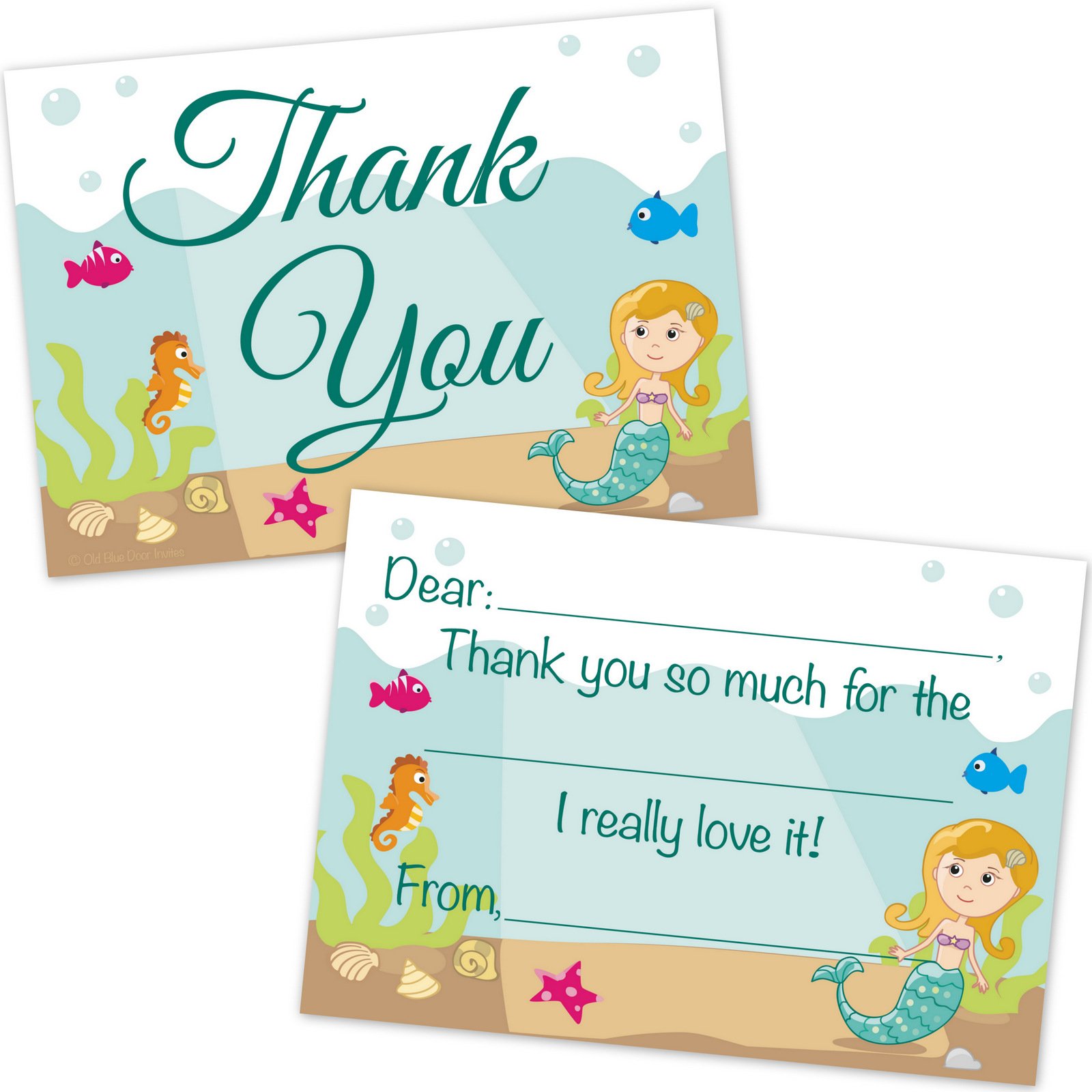 Buy Old Blue Door Invites Mermaid Kids Fill In Thank You Cards for ...