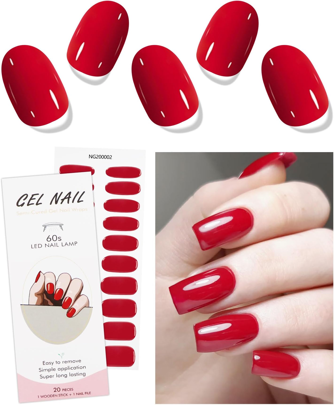 Amazon.com: JMEOWIO Semi Cured Gel Nail Strips Bright Red Gel Nail ...