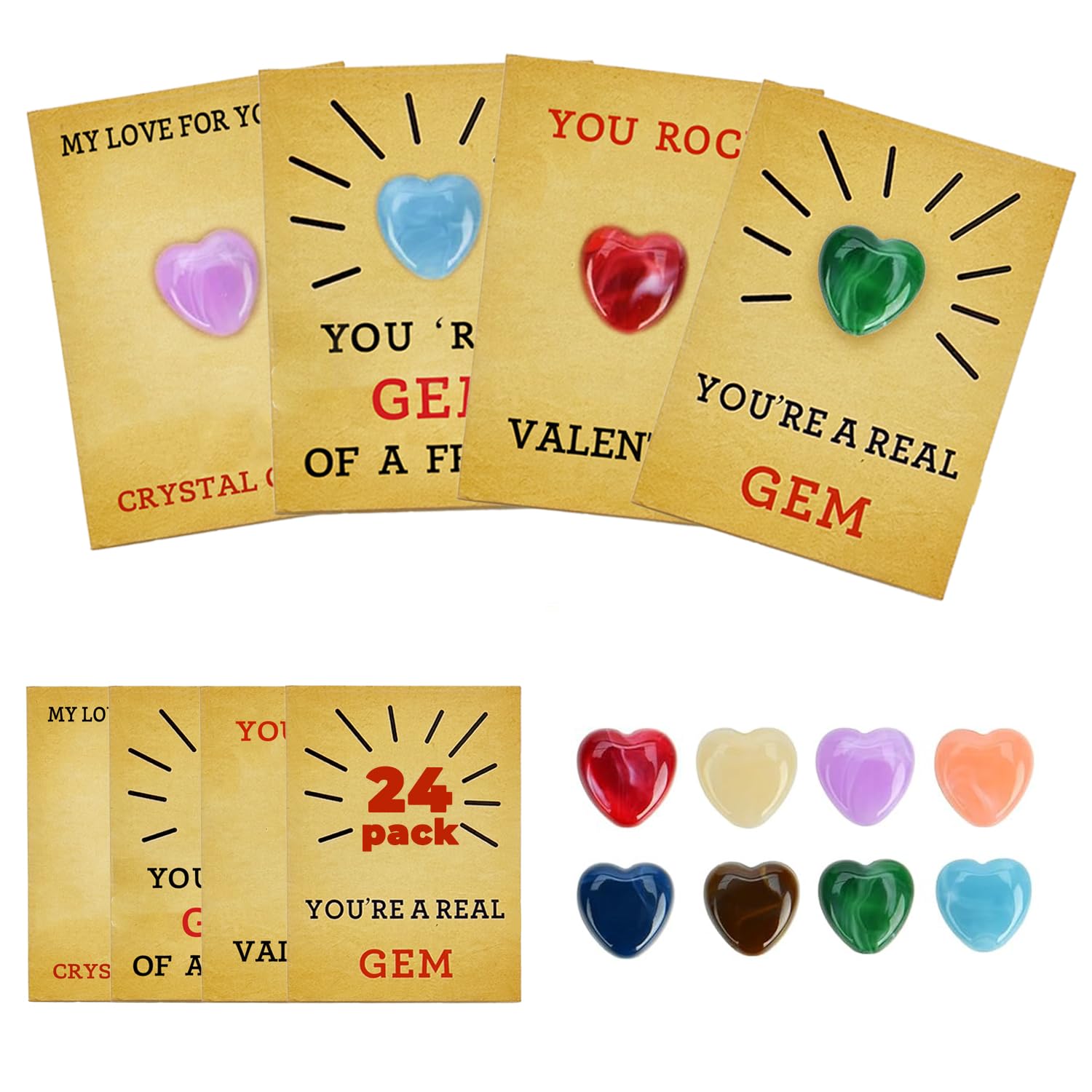 24 Pack Valentines Cards for Kids with Heart Shape Crystal Stones ...