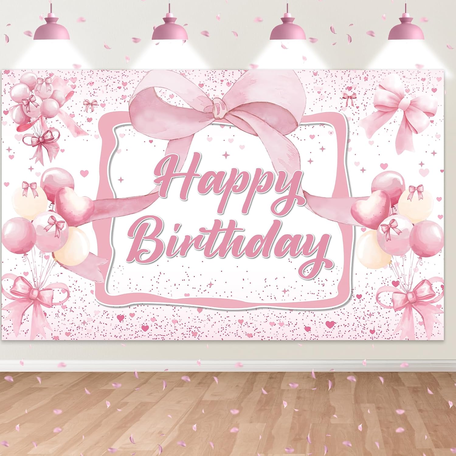 Amazon.com: Pink Bow Birthday Backdrop,Bow Happy Birthday Banner ...
