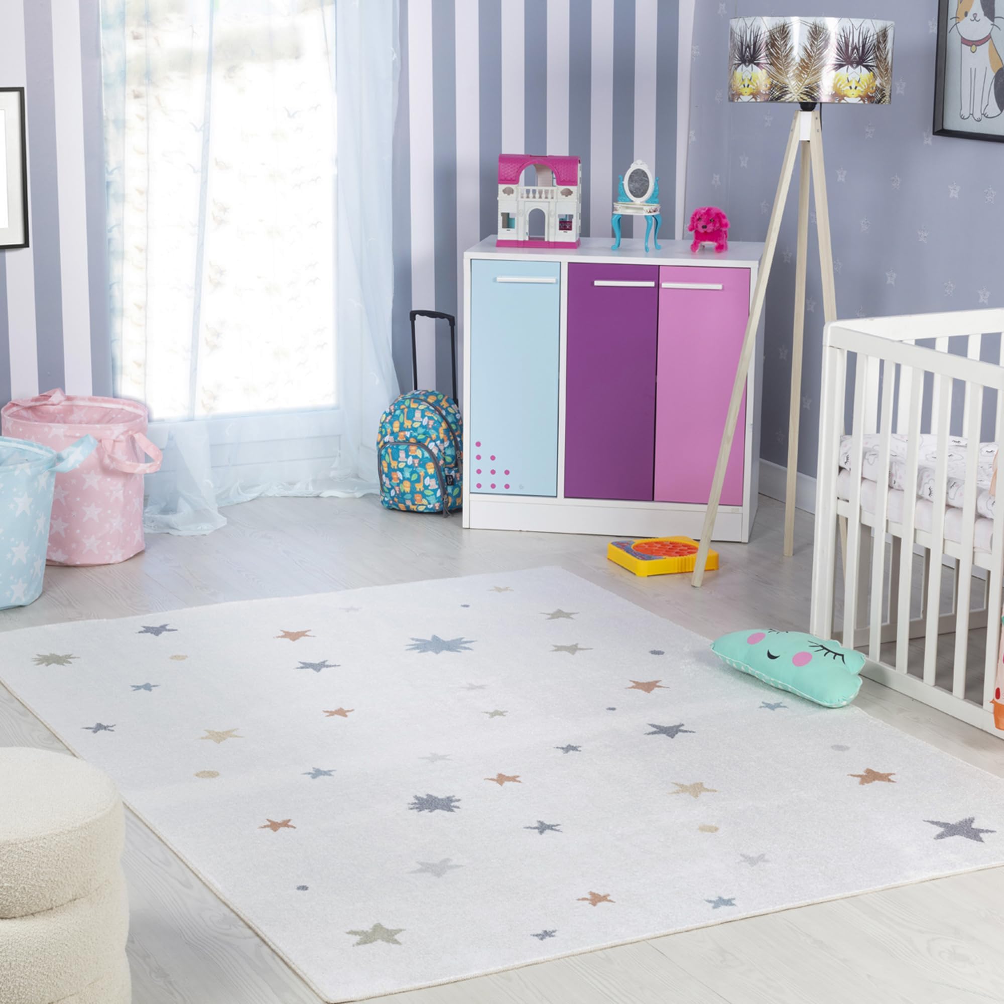 Children’s Kids Scandi Rug Durable Cream Grey Mountains Stars Moon ...