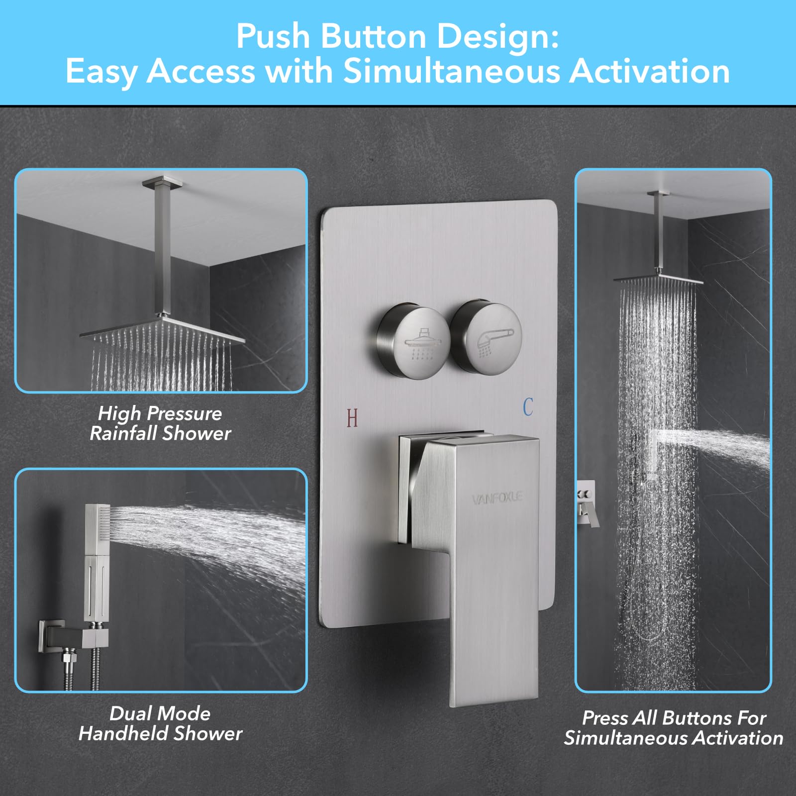 Snapklik.com : VANFOXLE Shower Faucets Sets Complete Brushed Nickel Shower System, Push Button ...