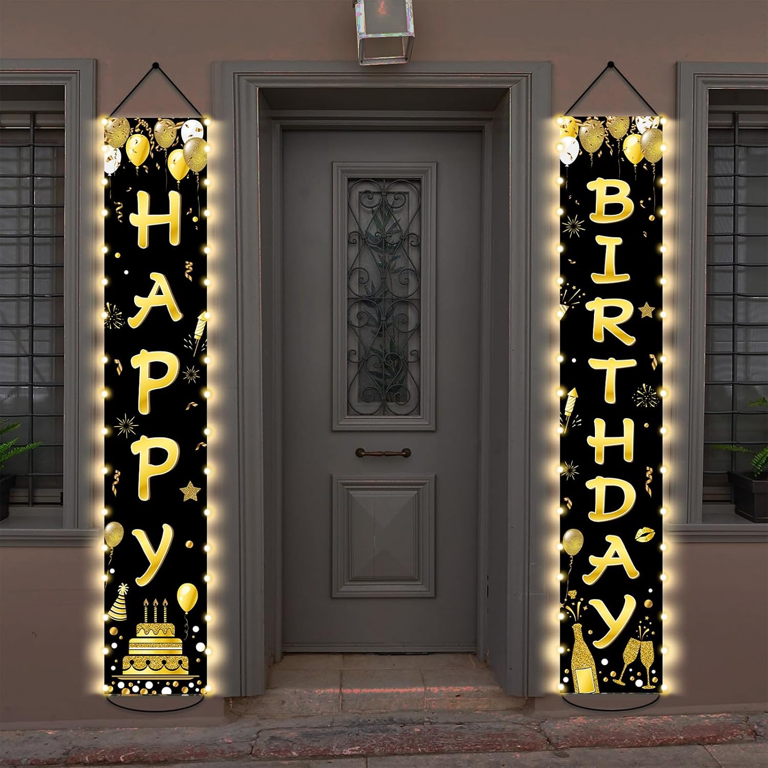 Amazon.com: Black Gold Happy Birthday Door Banner Lighted Decorations ...