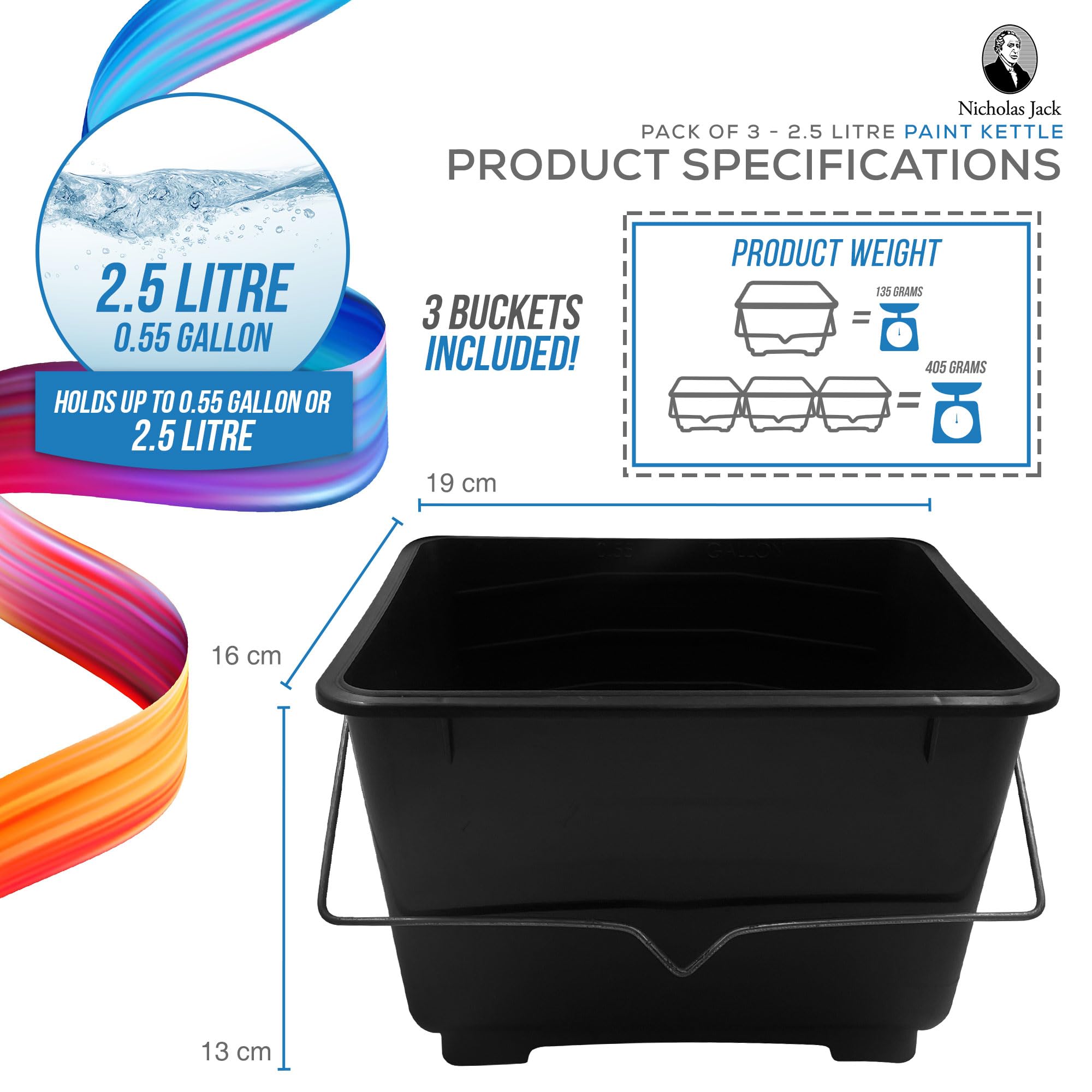 Painting Accessories Pack Of 5 5 X 2.5 Litre Mini Black Plastic Paint ...