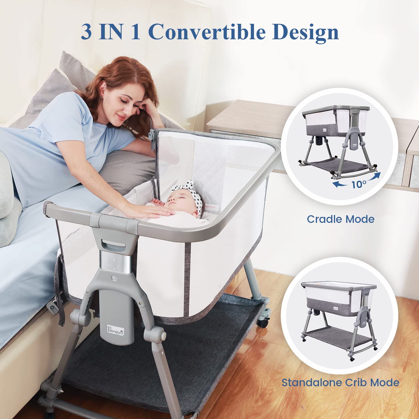 Baby Bassinet Bedside Crib, Liâ€™l Pengyu 3 in 1 Portable Bassinet with ...