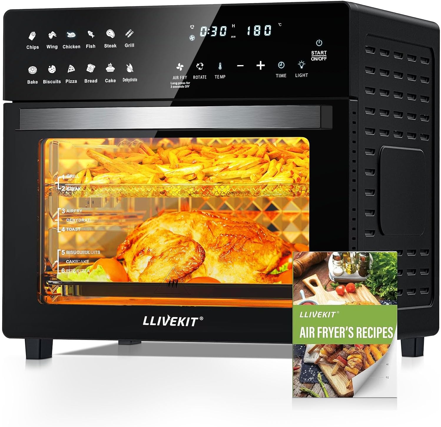 LLIVEKIT Heißluftfritteuse Minibackofen 26L, 1700W Airfryer XXL mit 12 ...