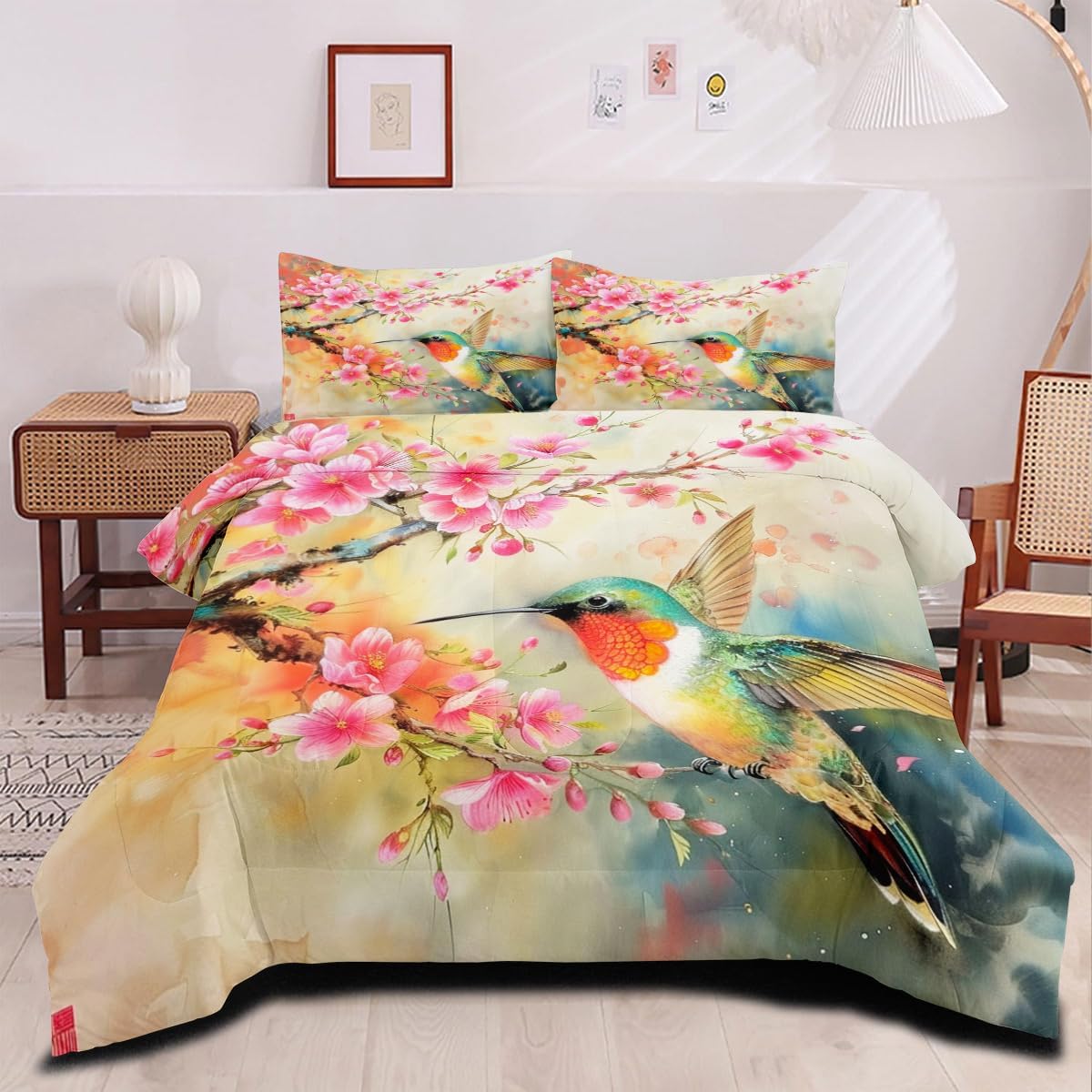 Amazon.com: CCoutueChen Hummingbird Comforter Set Queen Size Pink ...