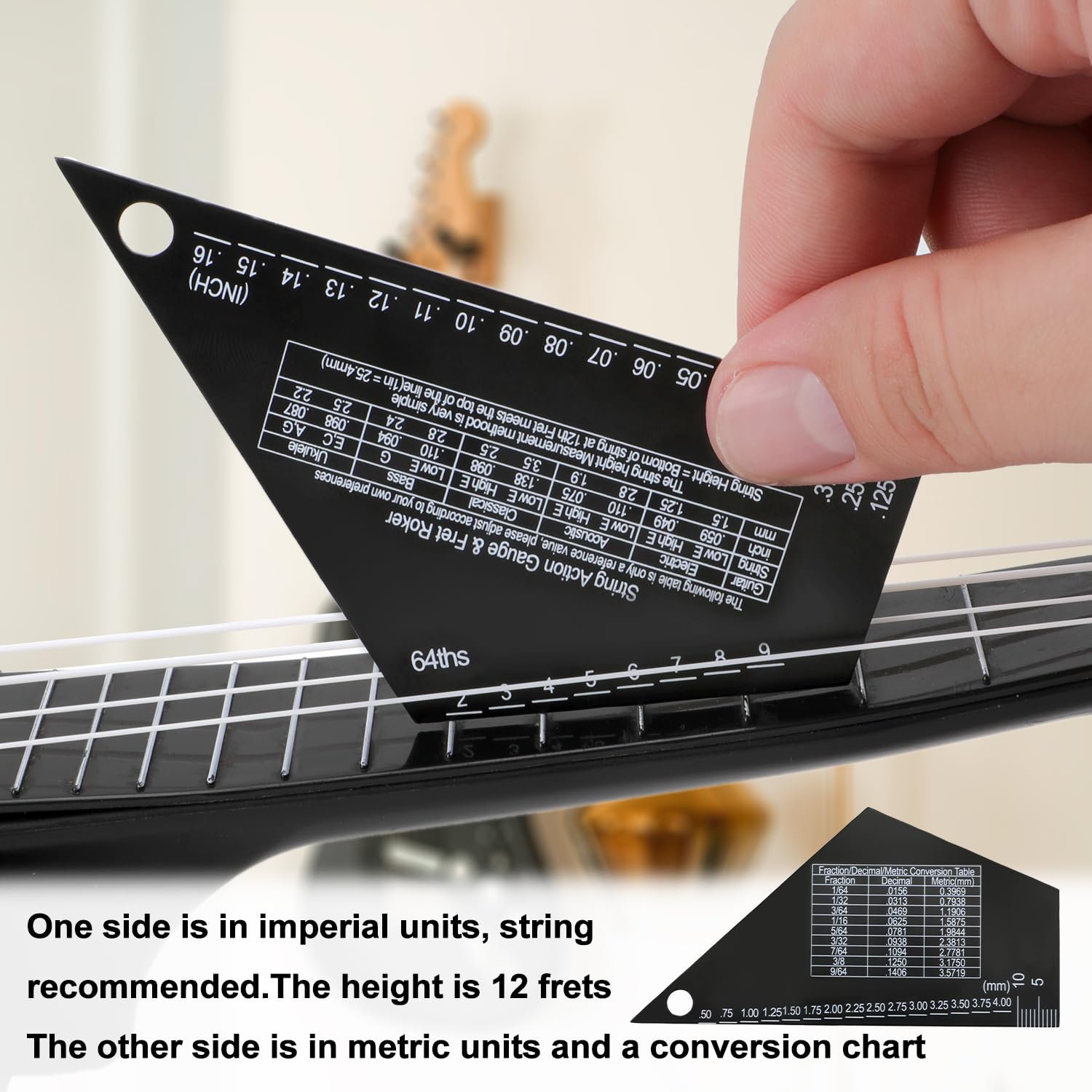 Guitar String Action Gauge, High Precision Scale Fret Rocker with Metric & Conversion Charts ...