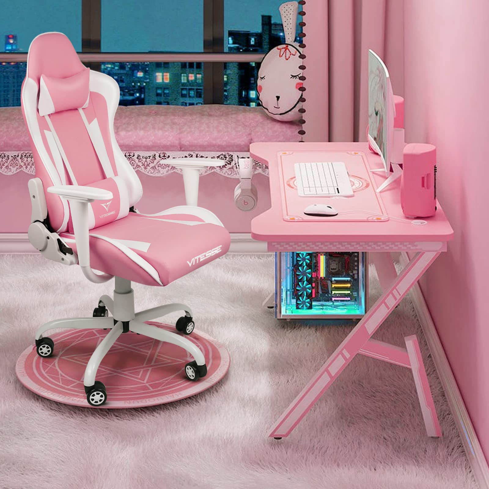 PUKAMI Pink Gaming Chair Cute Kawaii Gaming Chair for Girl Ergonomic ...